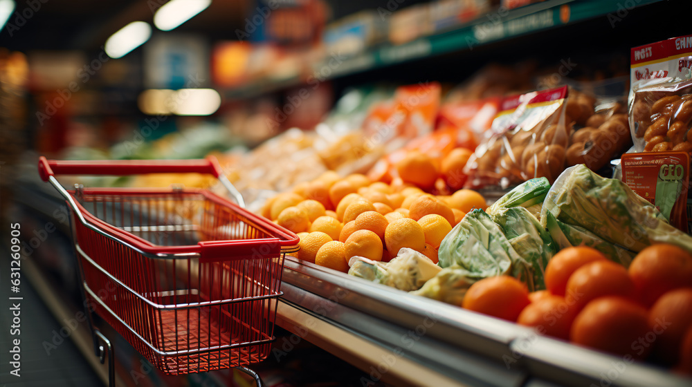 Supermarket aisle with empty shopping cart. Grocery Store with trolley ...