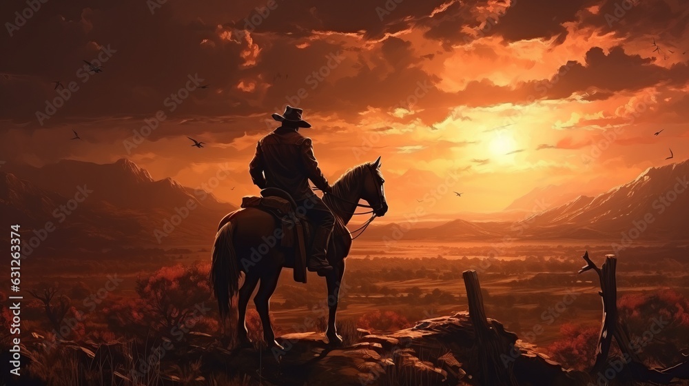 Cowboy on the prairie in hot weather. Sunbeams and a horse in a ...