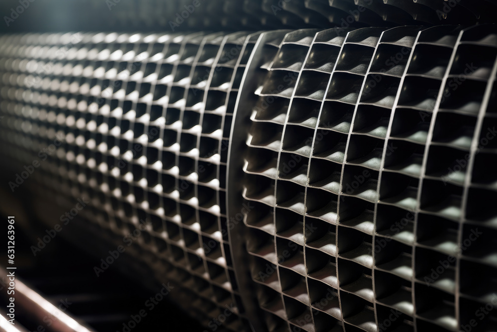 A close-up of metal fins on a heat exchanger with steam rising in the ...