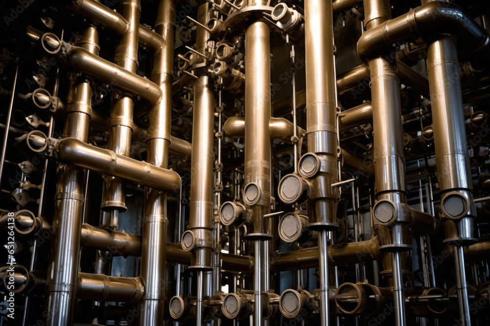 A close-up of the complex system of tubes and valves found in an ...