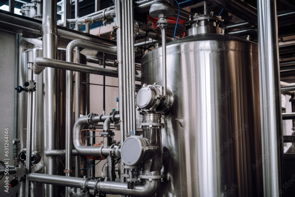 An up-close view of a chemical reactor vessel with pipes and tubes ...