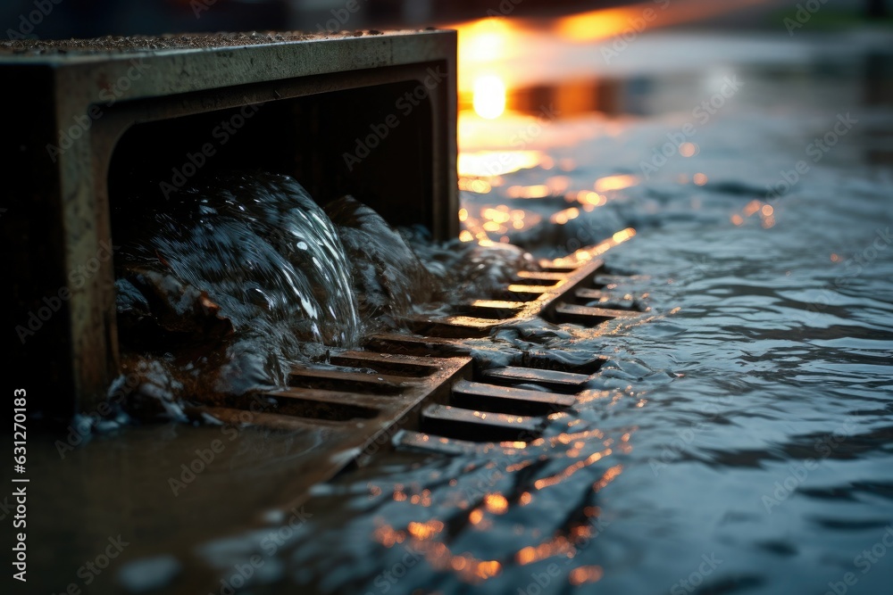 A stream of water flows into a drainage grate on a city street. Stock ...