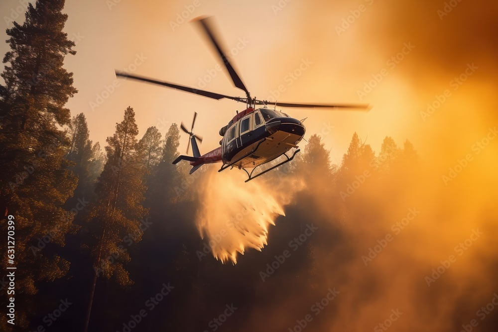 Rescue helicopter extinguishes a forest fire by dropping a large amount ...