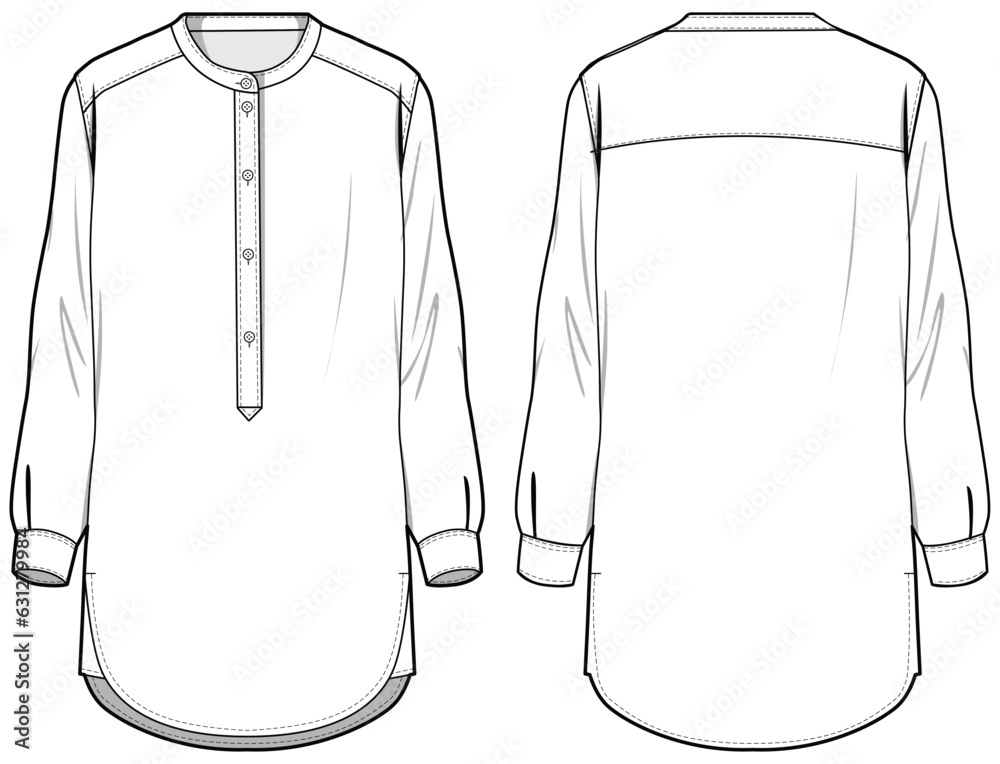 Mens long sleeve tunic shirt flat sketch illustration drawing, Band ...