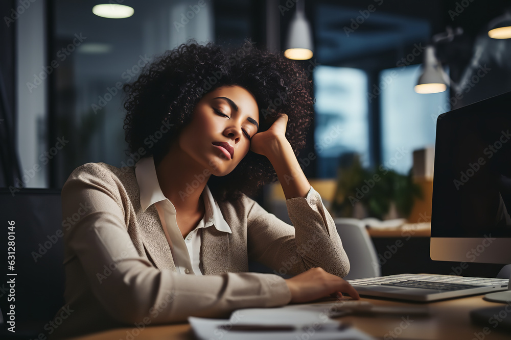 Woman caught in a daydream at her office desk, symbolizing dreams of ...