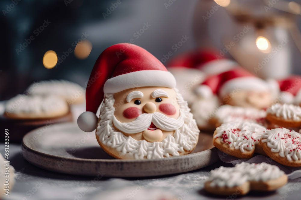 Santa Sugar Cookies on a plate. Santa-shaped cookies, decorated with ...
