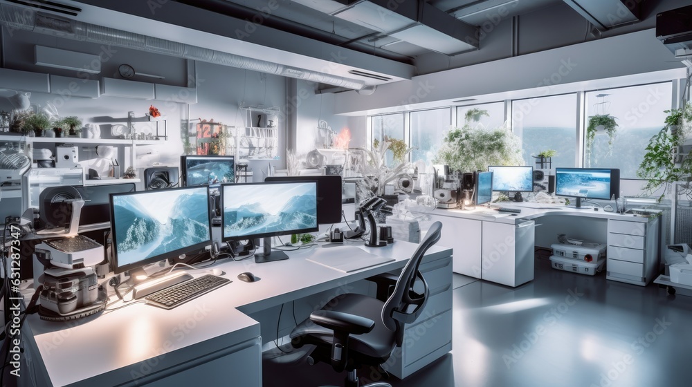 Bright white lab interior cinematic photography of an gaming production ...