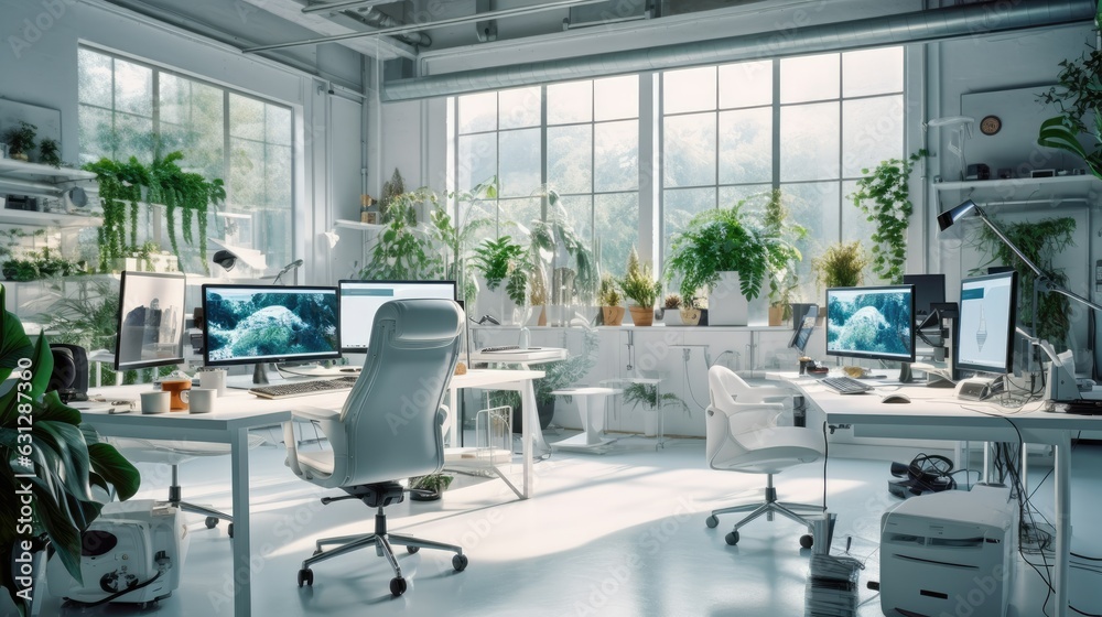 Bright white lab interior cinematic photography of an gaming production ...