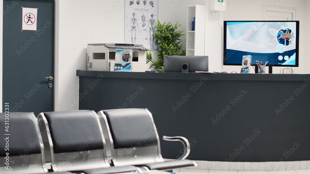 Hospital reception counter in hallway and waiting room, medical checkup ...