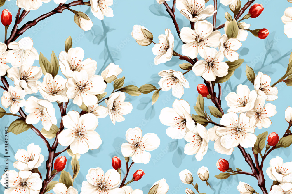 Illustration of a repeating pattern of white cherry blossom flowers ...
