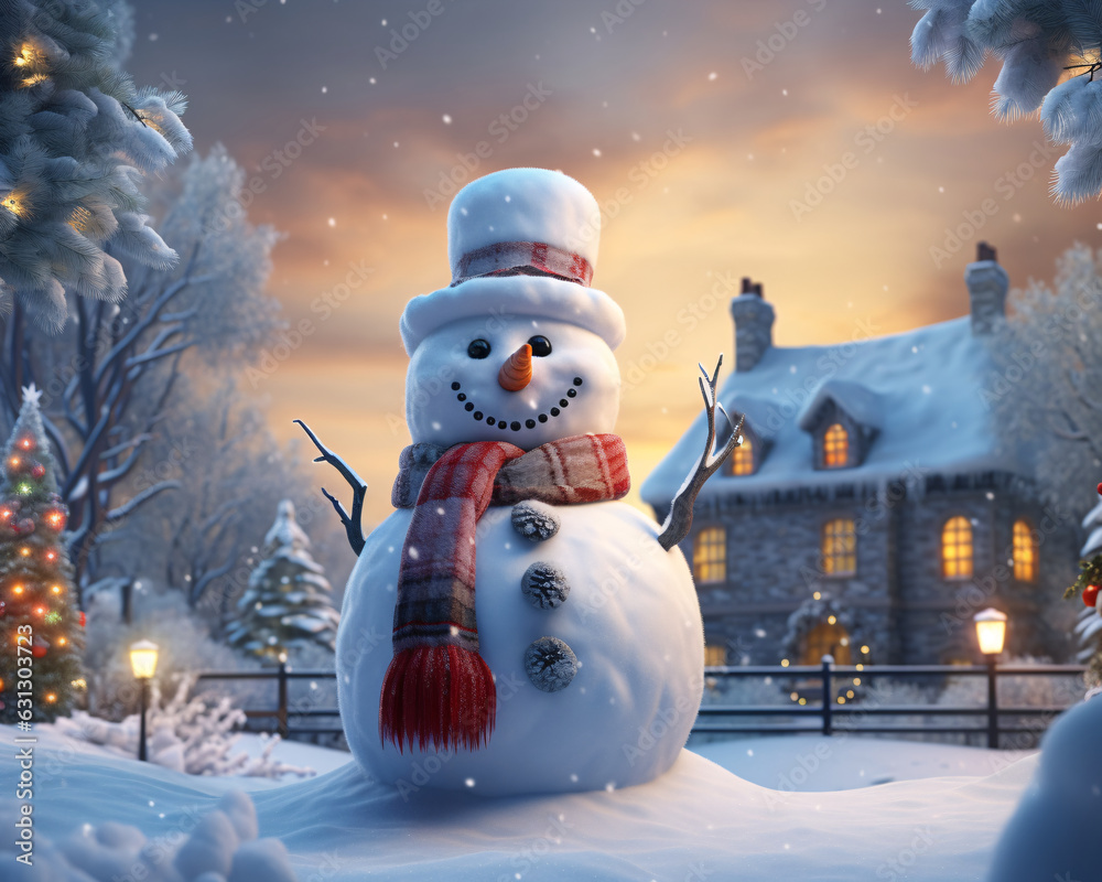 Snowman wearing a red scarf, white top hat with a red band, carrot nose ...