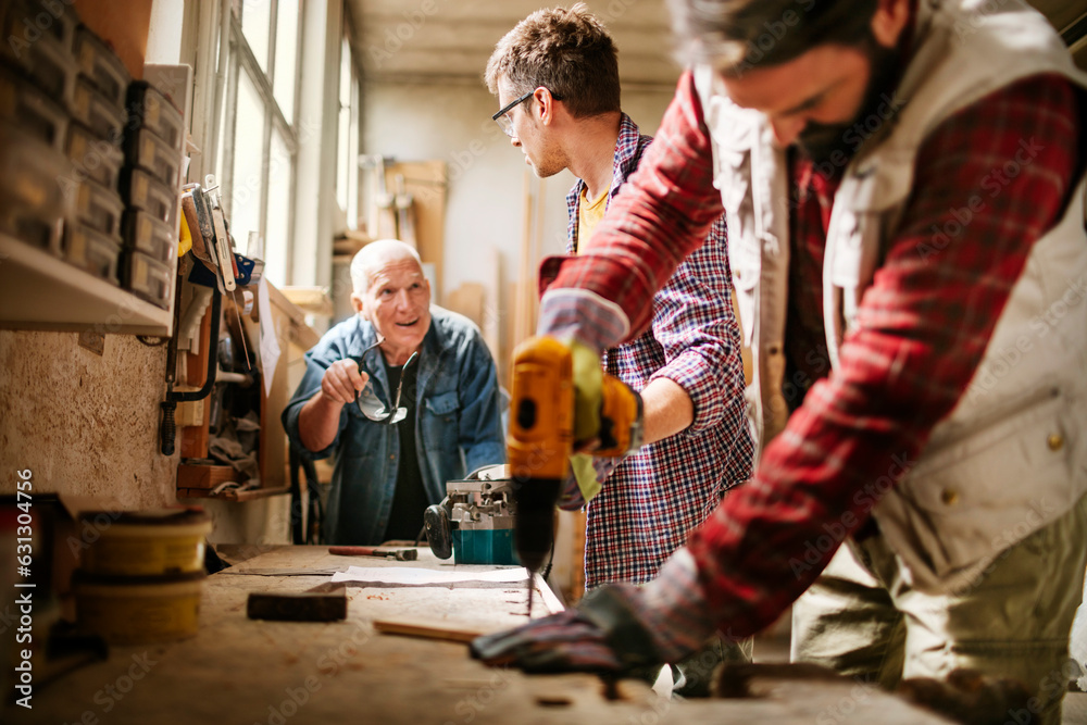 Multigenerational group of carpenters working together in a woodworking ...