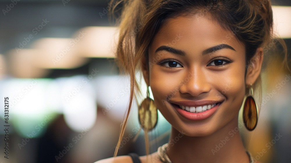 Attractive young adult woman, multi-ethnic multi-racial, tanned skin ...