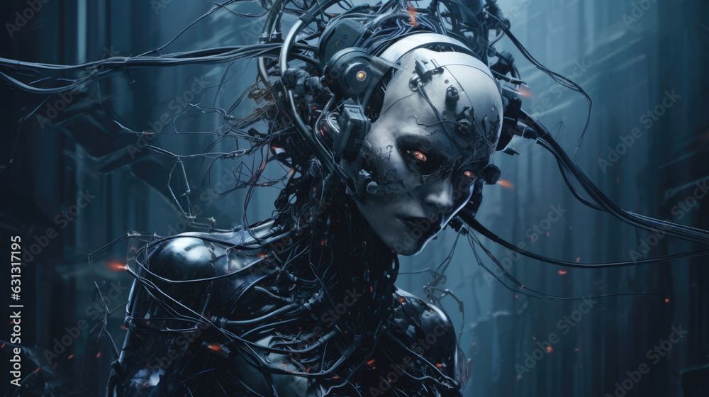A fullbody photo of a cybernetic human with wires connecting its limbs ...