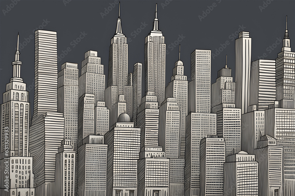 Draw a city skyline similar to New York's, with a tall central building ...