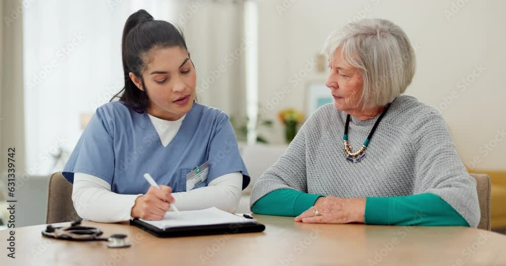 Nurse, documents and senior woman consulting, healthcare information ...