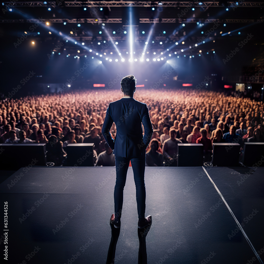 Motivational speaker addresses audience on stage for conference or ...