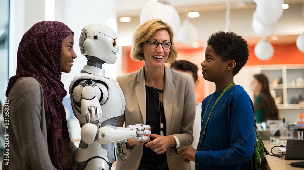 School class teacher and student college teen enjoy building electronic ...