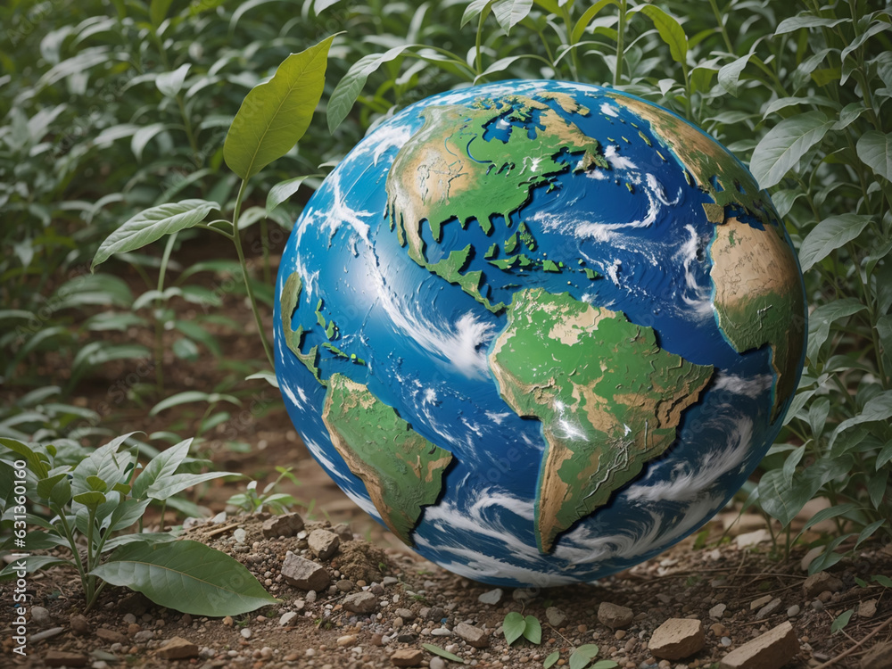 Beautiful circular Earth, placed on the ground amidst a bed of lush ...