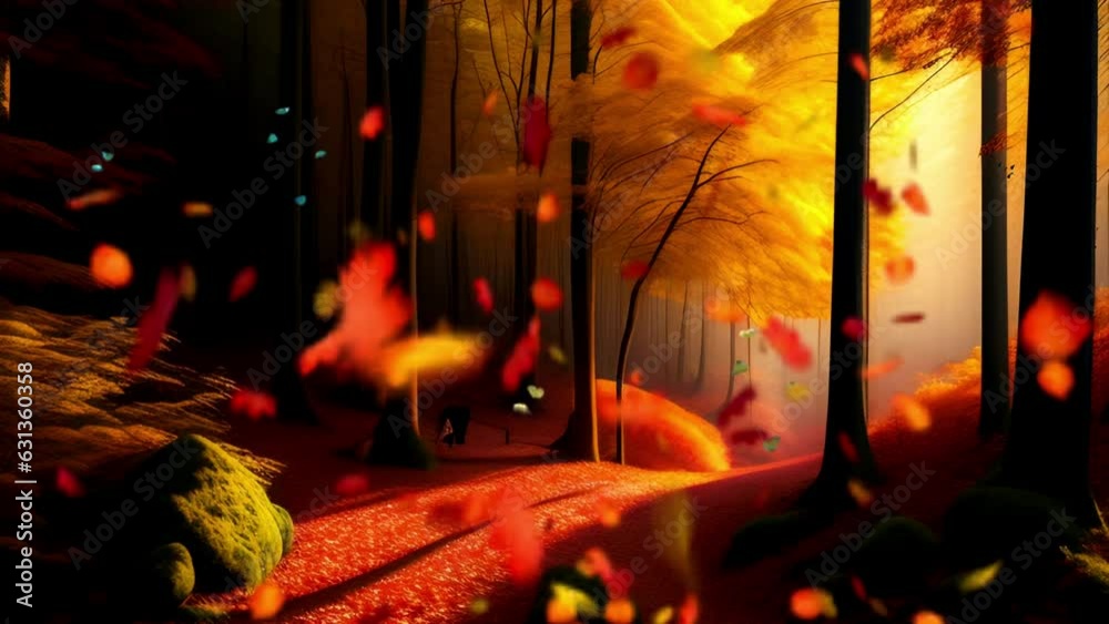 autumn forest with falling leaves, seamless looping video background ...