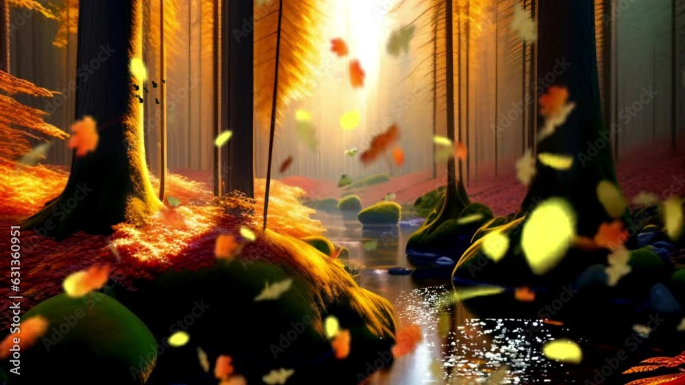 autumn forest with falling leaves, seamless looping video background ...