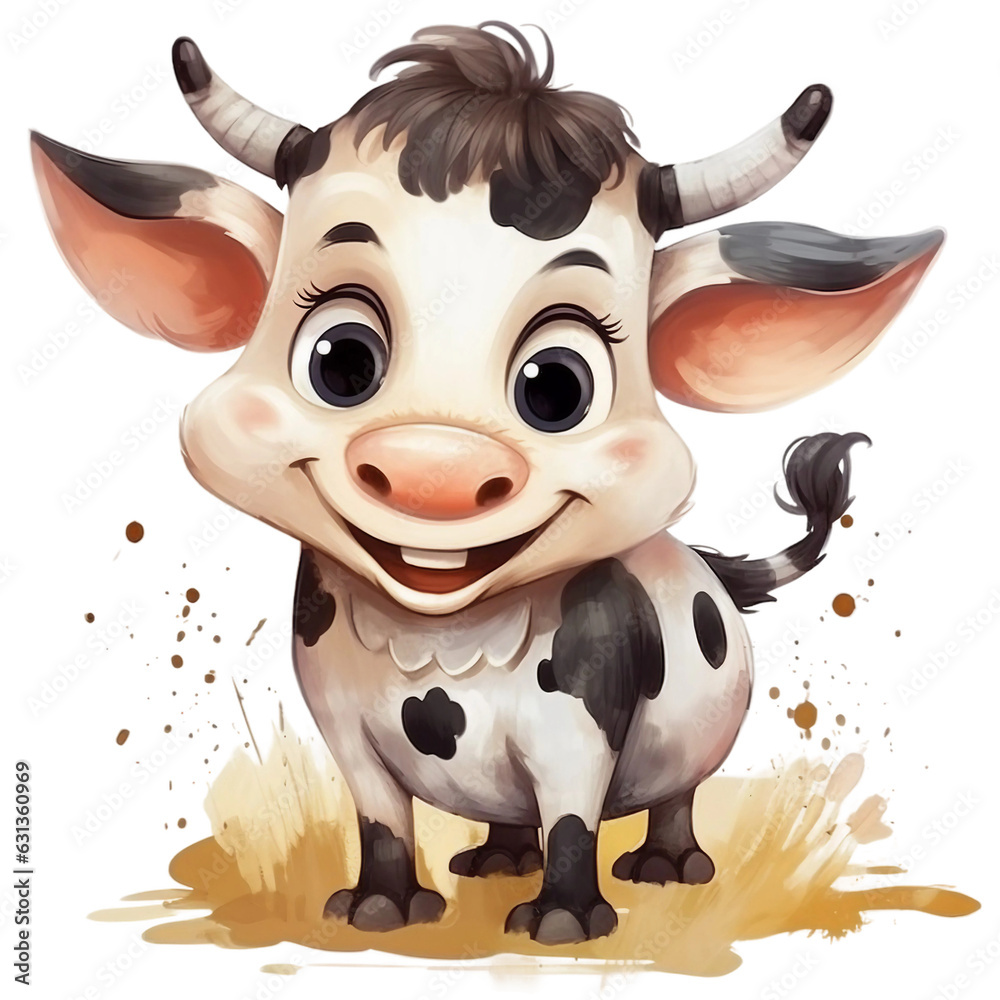 Funny farm animal cartoon cute baby cow laugh, watercolor digital ...