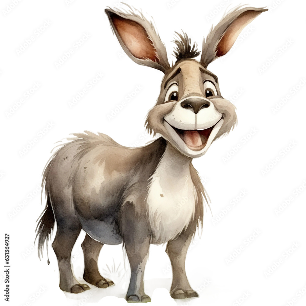 Farm animal, a surprised Donkey cartoon illustration watercolor digital ...