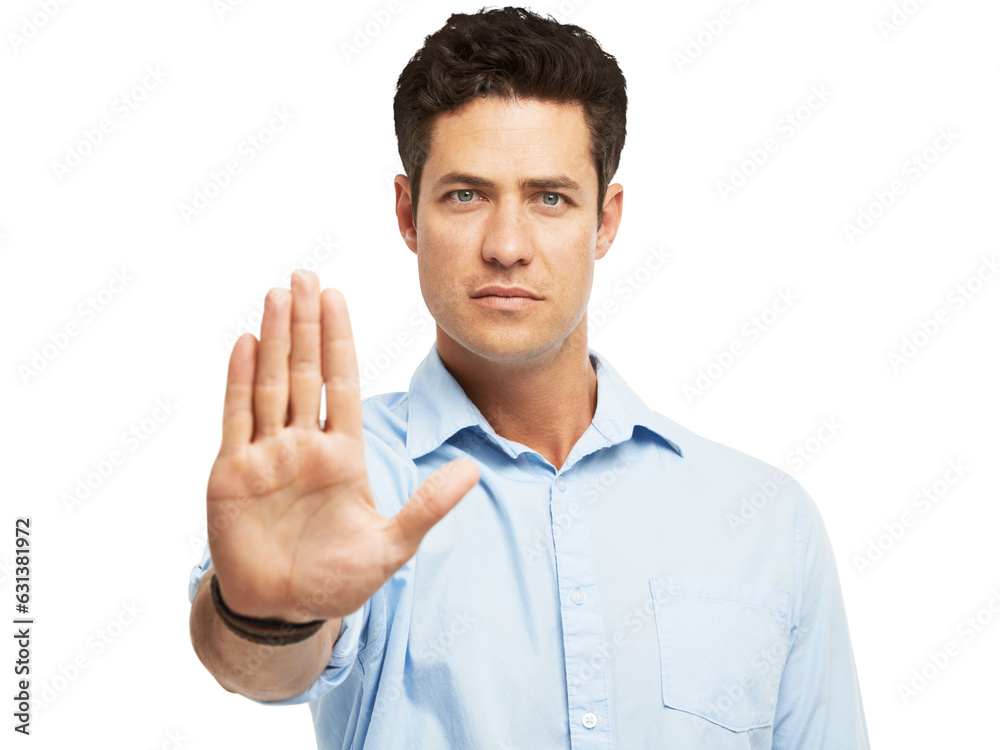 Hand, stop and protest with man in portrait, no entry sign and danger ...