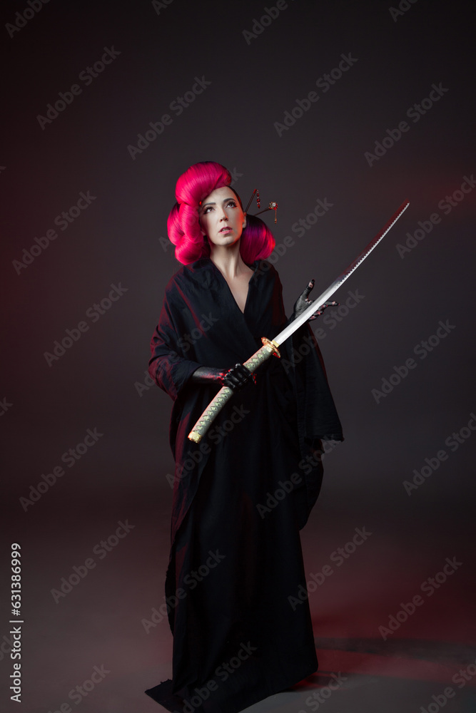 fighting geisha in a black kimono with a katana. young multiethnic ...