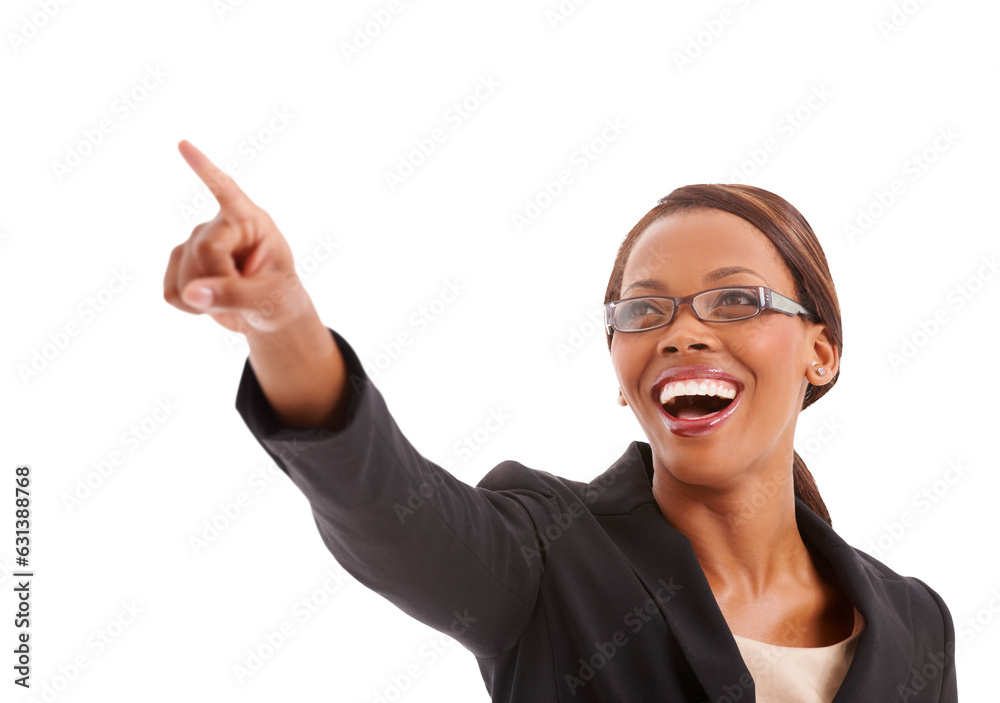 Funny, business and black woman pointing at direction isolated on a ...