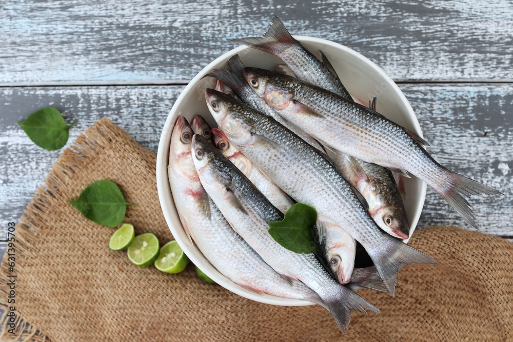 Loban, Buri, mullet, sea fish, seafood, wooden table, top view, place ...