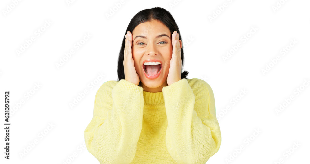 Surprise, wow portrait and woman for news, announcement and information ...