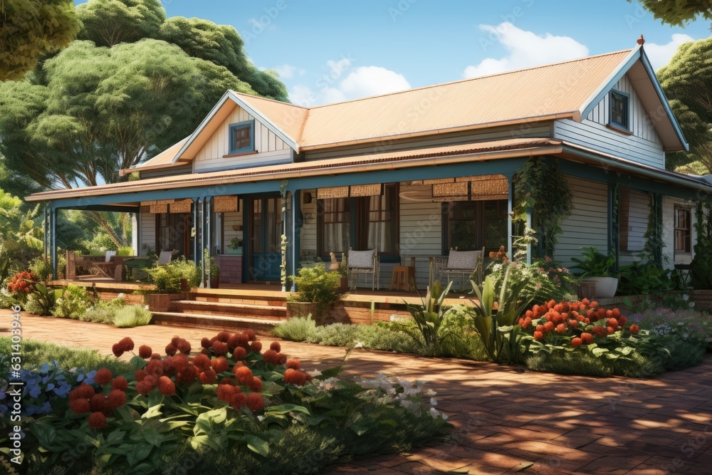 A depiction of the frontal view of a traditional Australian home with ...