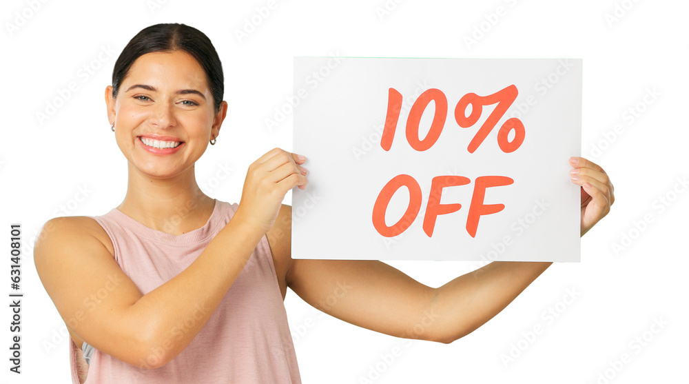 Sales sign, athlete portrait and happy woman promotion of 10 percent ...