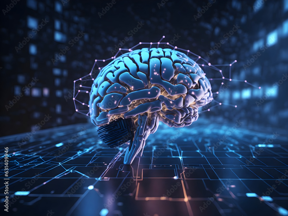 illustration of human brain showing virtual graphics of Global Internet ...