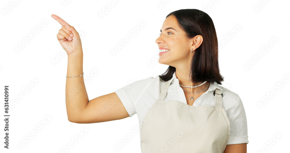Pointing finger, advertising and happy waitress woman isolated on a ...