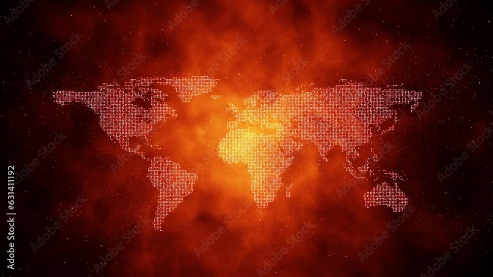Concept red dangerous world map on fire background. Seamless looping ...