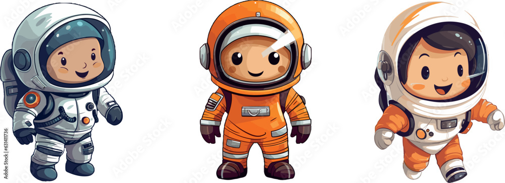 Set of cartoon characters astronauts kids in space suit, funny happy ...