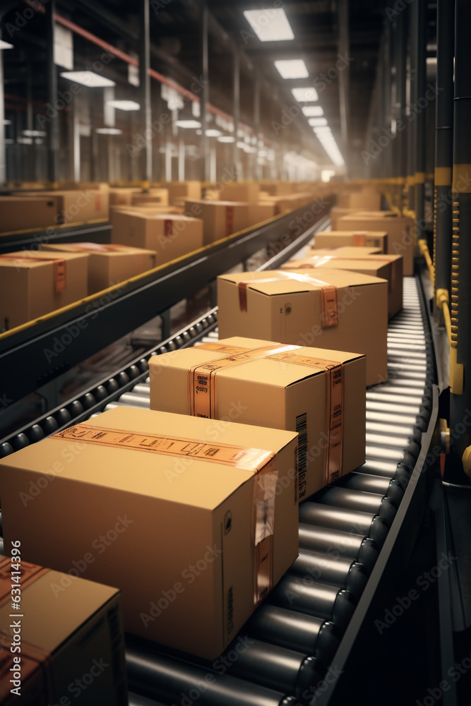 Cardboard Boxed Packages on a Belt Driven Line Roller Conveyor in a ...