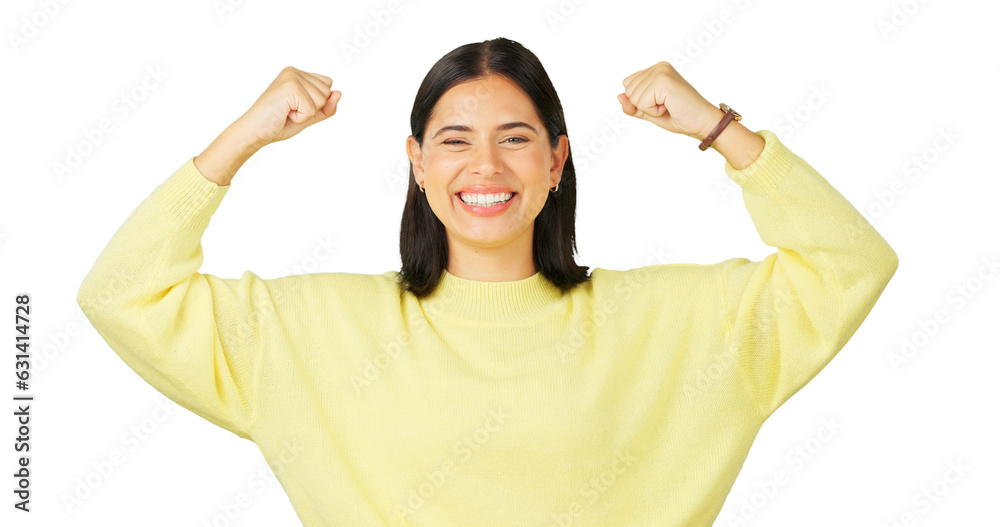Strong, happy portrait and woman flex muscle, arm strength and ...