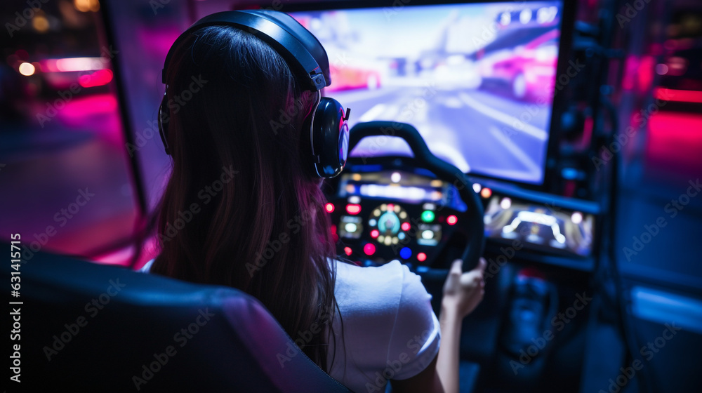Gamer playing pc game with racing wheel controller. Race simulator with ...