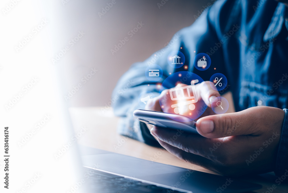 Man using mobile phone for online shopping and internet payment.concept ...