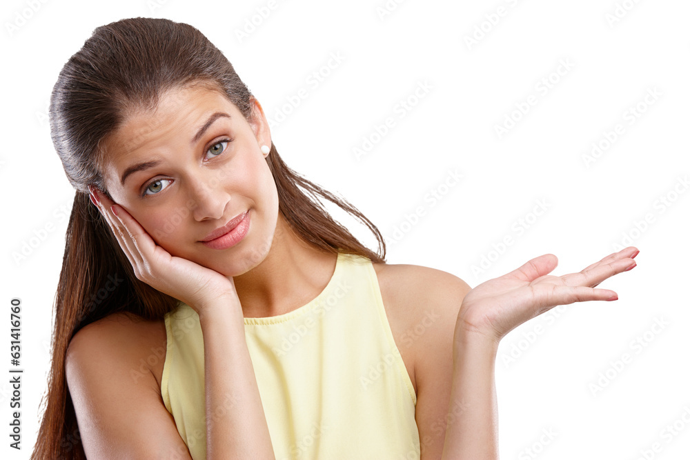 Confused, woman and portrait with choice in hand to show a decision ...