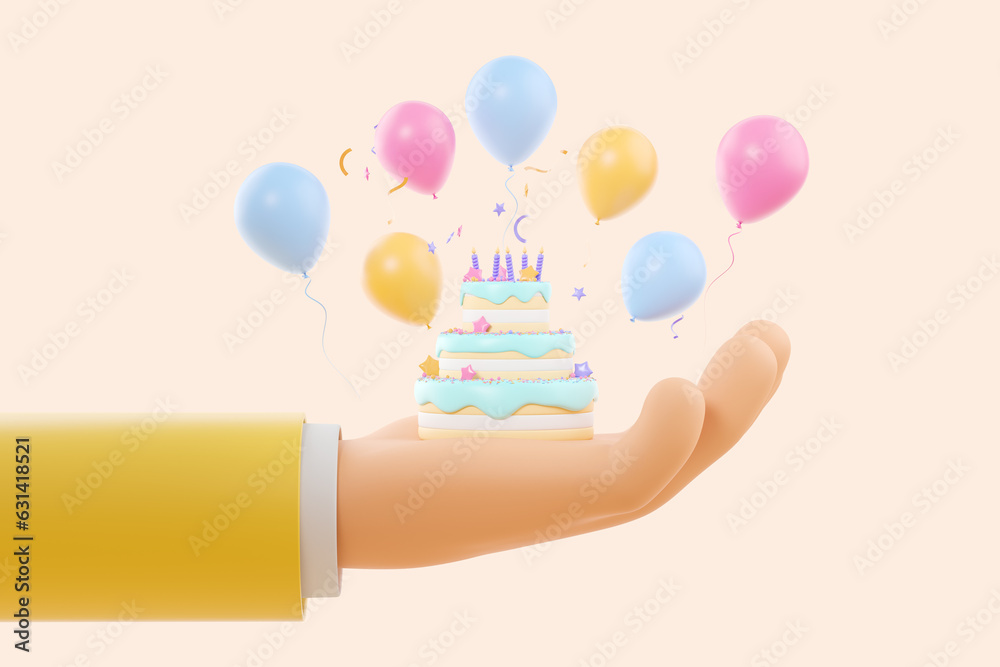 Cartoon man hand holding birthday cake with balloons Stock Illustration ...