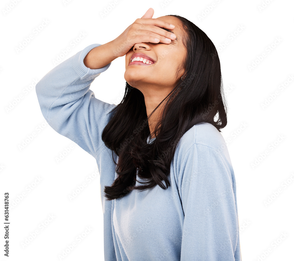 Happy, hands cover eyes and woman with smile with student, casual style ...