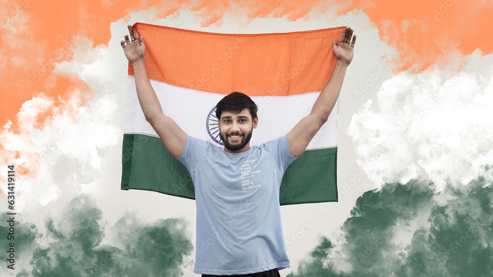Young Indian man holding Indian flag, Independence day, Republic day ...