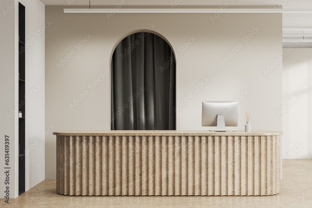 Beige office interior reception desk with pc computer and arch wall ...