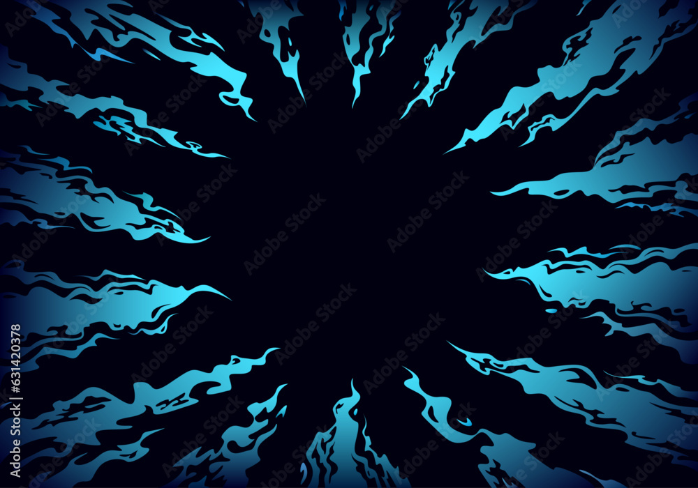 Tongues of blue fire directed to the center on a black background ...