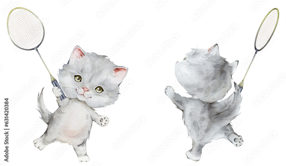 Little fluffy grey kitten badminton player holding racket watercolor ...