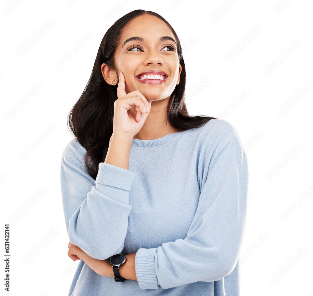 Happy woman, thinking and face with smile for decision, choice or dream ...